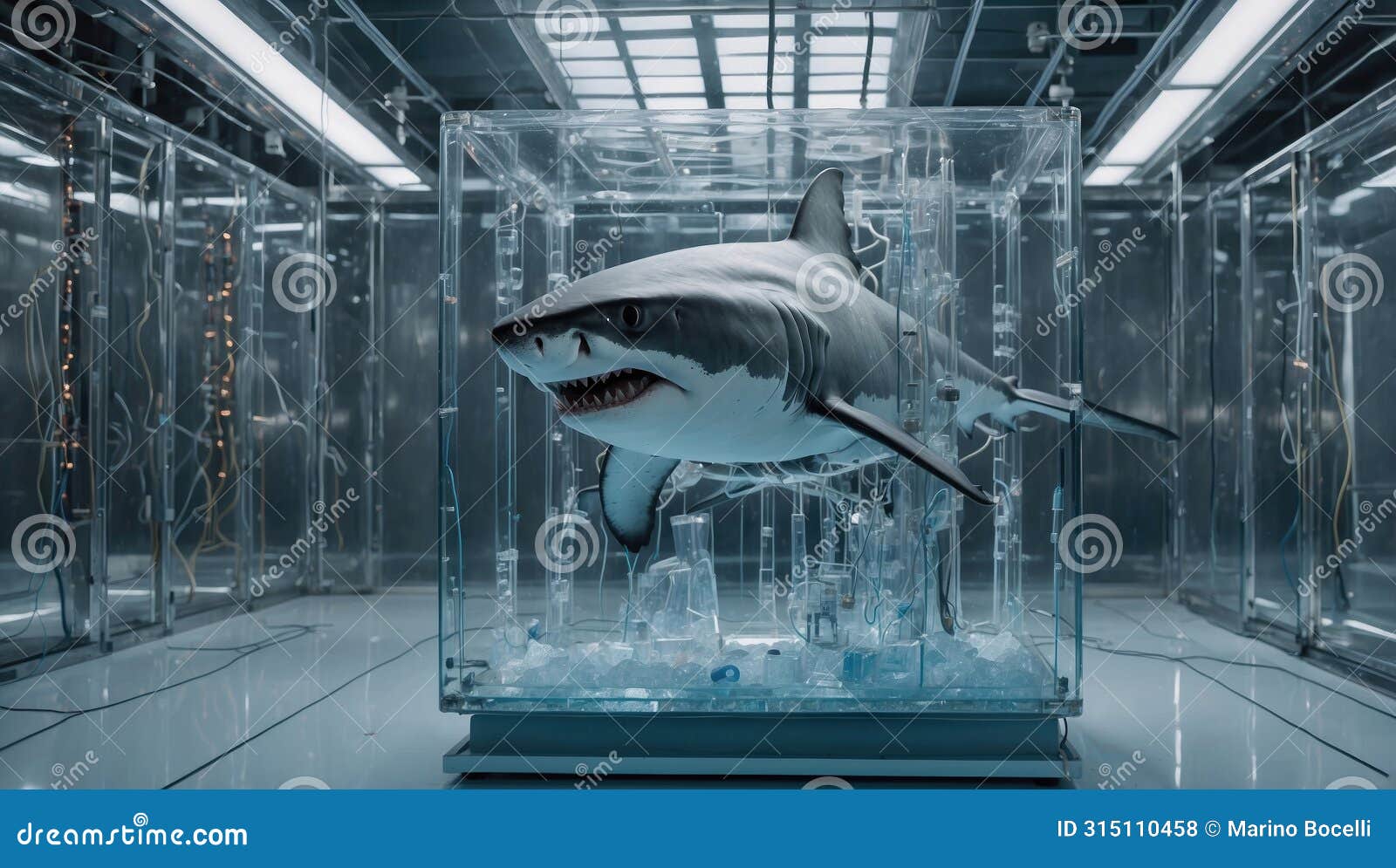 Mechanical Great White Shark Trapped in an Ice Cube and Connected To ...