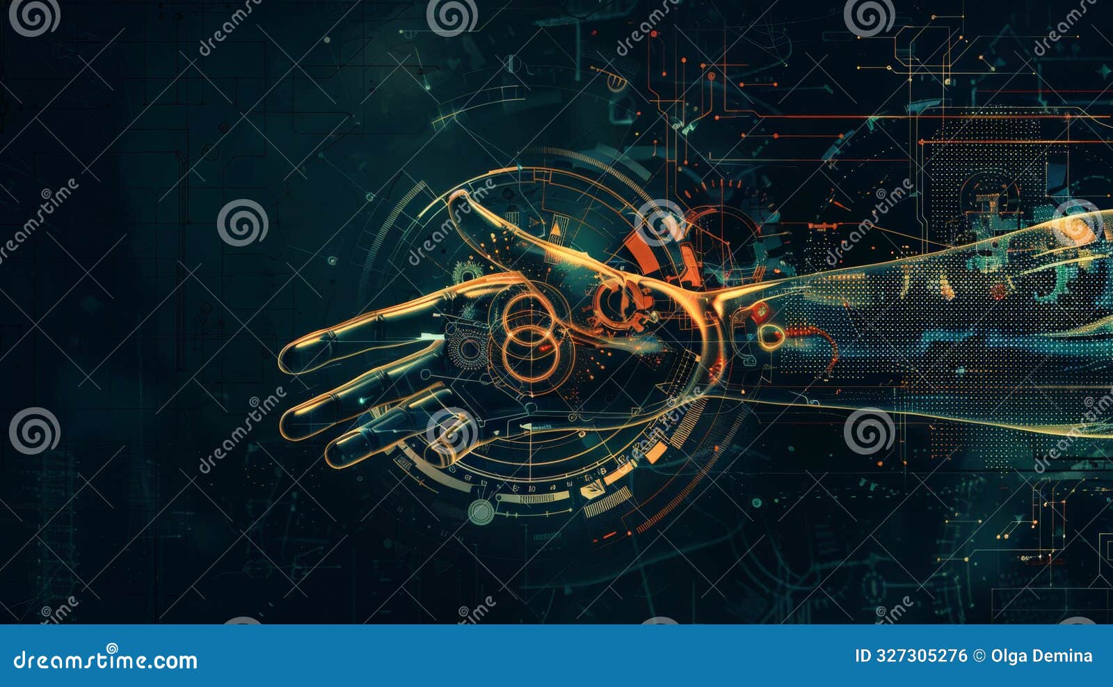 Mechanical Hand with Futuristic Orange Holographic Interface. Advanced ...