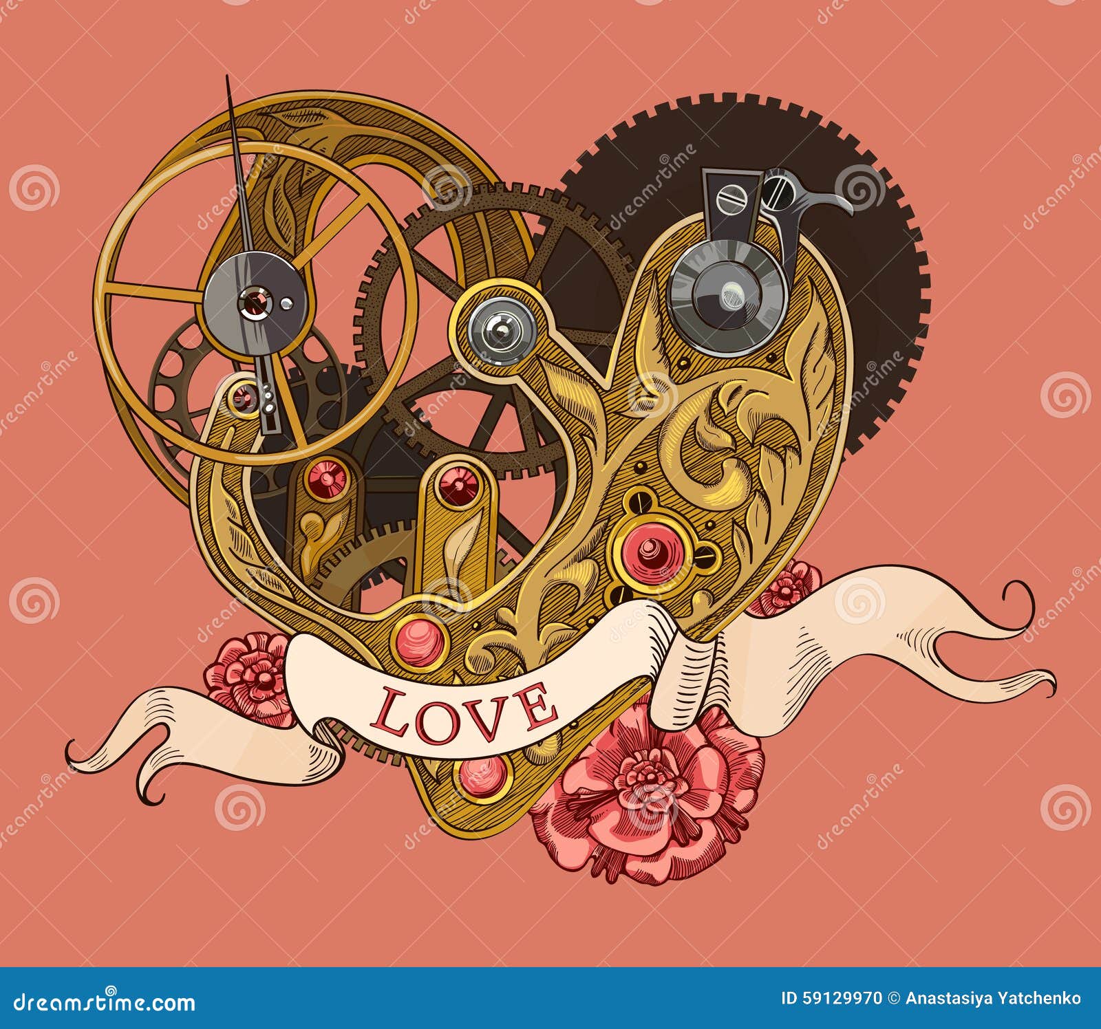 Mechanical Human Heart with LOVE Lettering on a Ribbon. Stock Vector ...