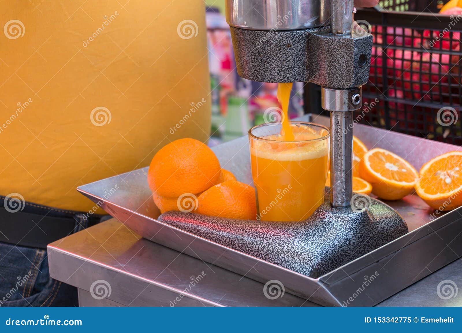Mechanical Juice Press. Making Orange Juice Using Squeezing Machine ...