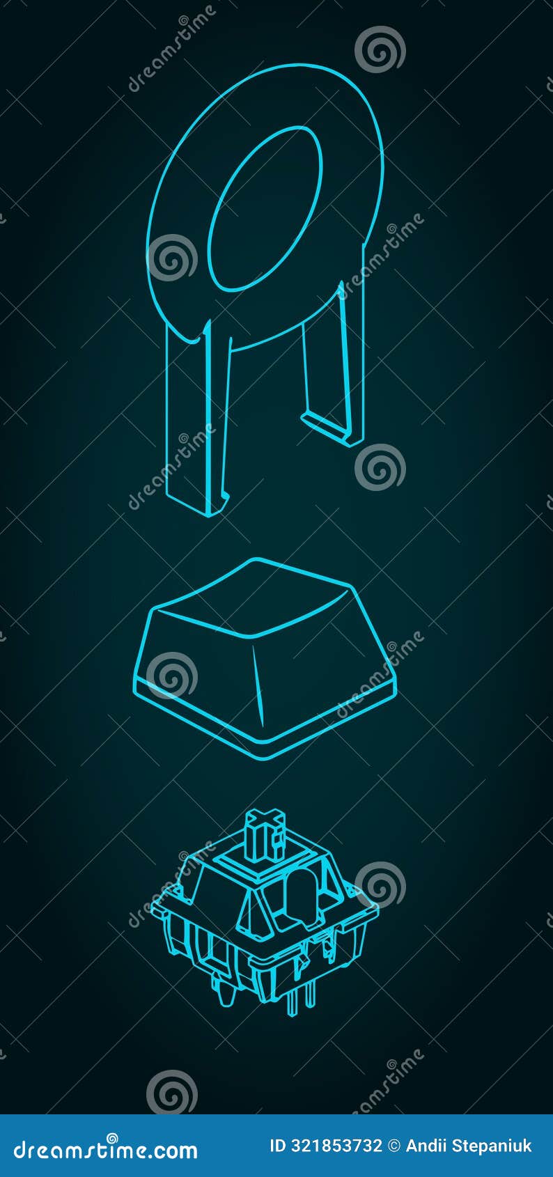 Mechanical Keyboard Switche Keycap and Key Puller Isometric Blueprint ...