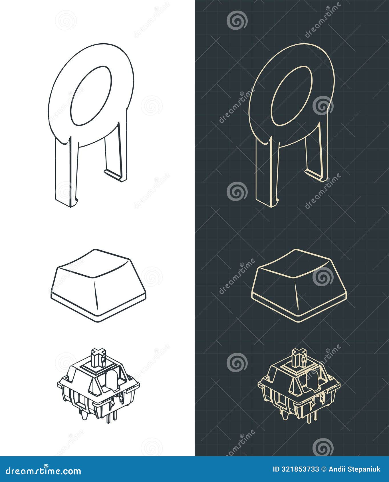 Mechanical Keyboard Switche Keycap and Key Puller Isometric Blueprints ...