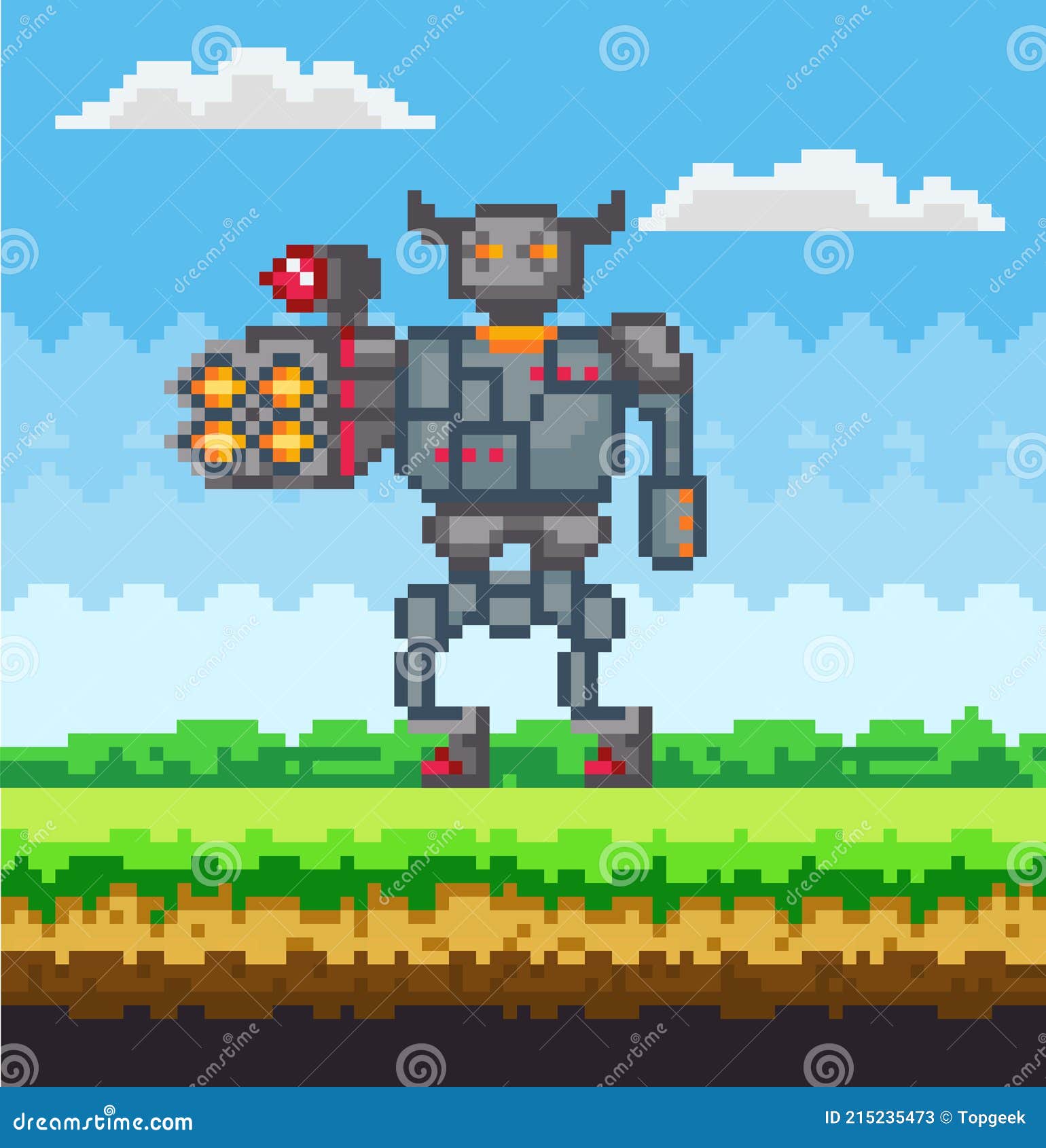 Pixel Art Game Scene with Ground, Grass and Sky with Clouds. Mechanical ...