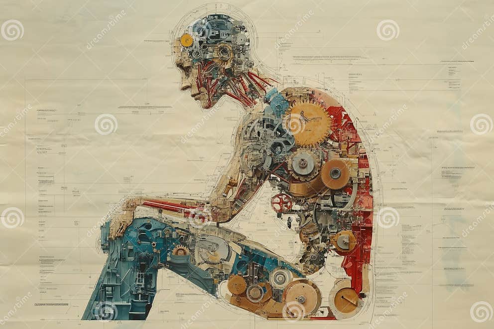Mechanical Man Sitting and Thinking about Engineering Plans Stock Image ...