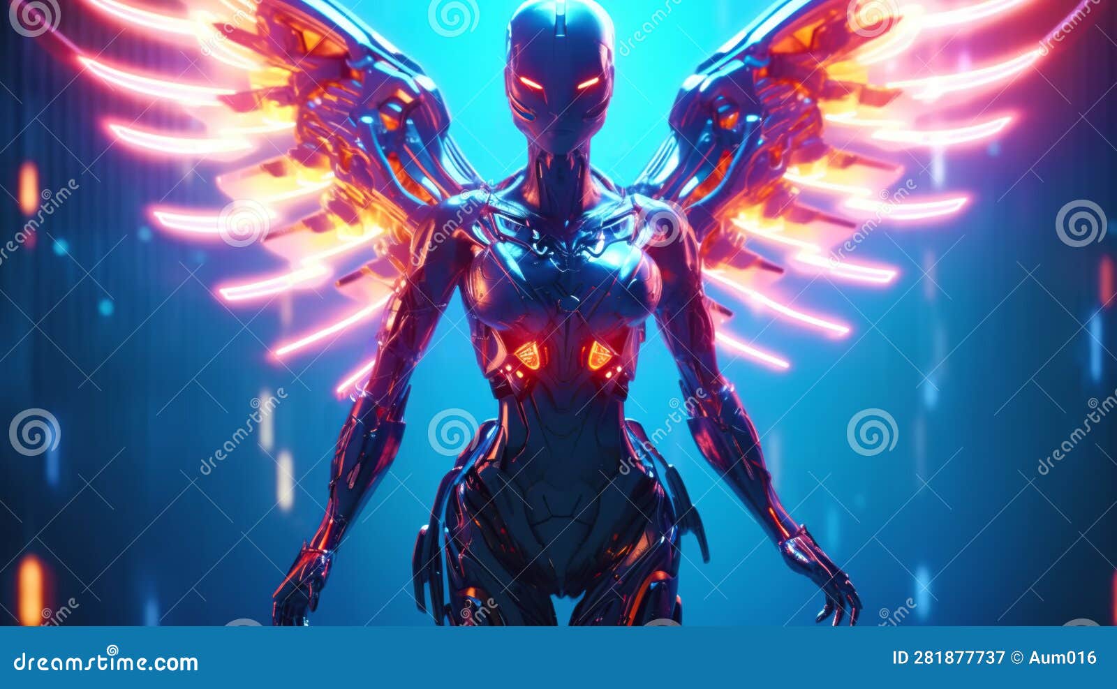 Mechanical Neon Cyborg Angel Stock Illustration - Illustration of ...