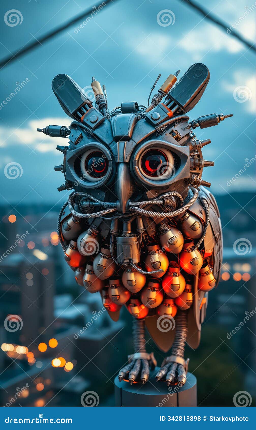 Mechanical Owl Overlooking Cityscape at Night. Stock Photo - Image of ...