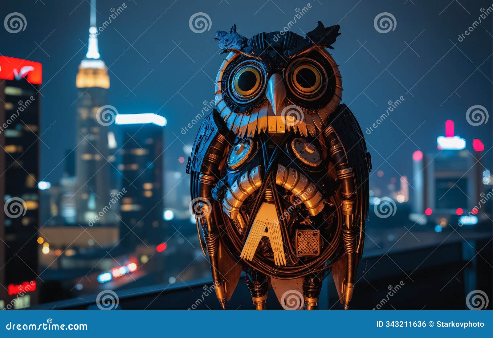 Mechanical Owl Overlooking Cityscape at Night. Stock Photo - Image of ...