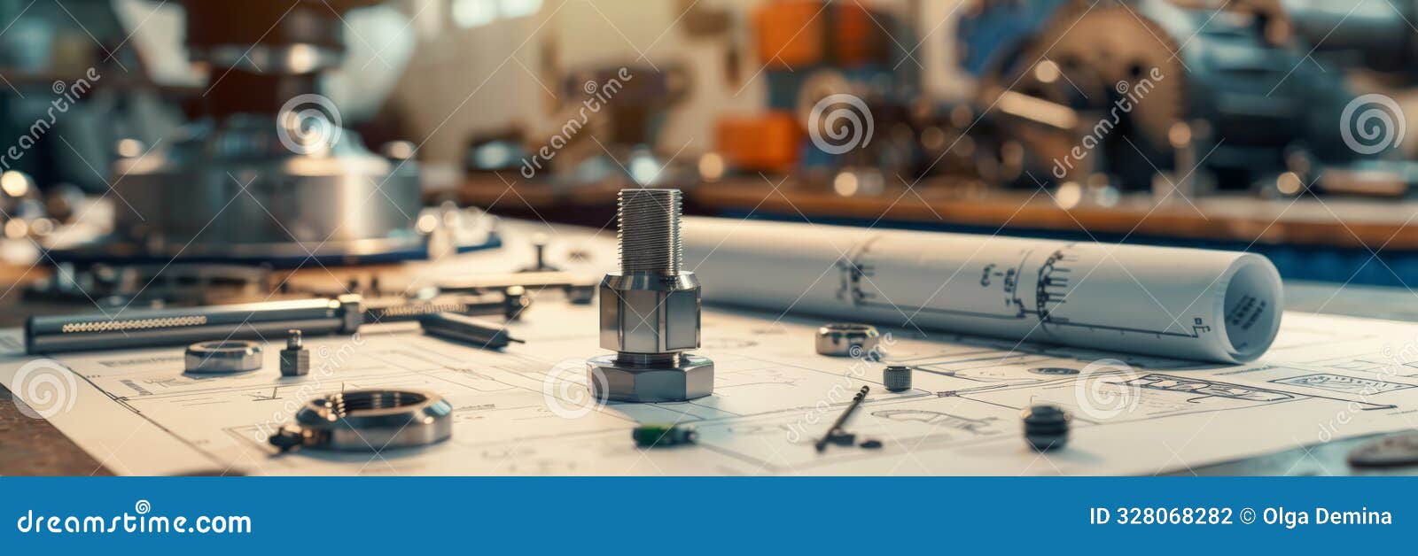 Mechanical Parts and Blueprints on a Workbench in an Engineering ...