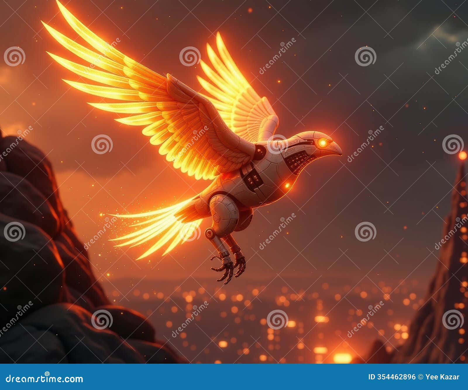 Mechanical Phoenix in Flight at Sunset Stock Illustration ...