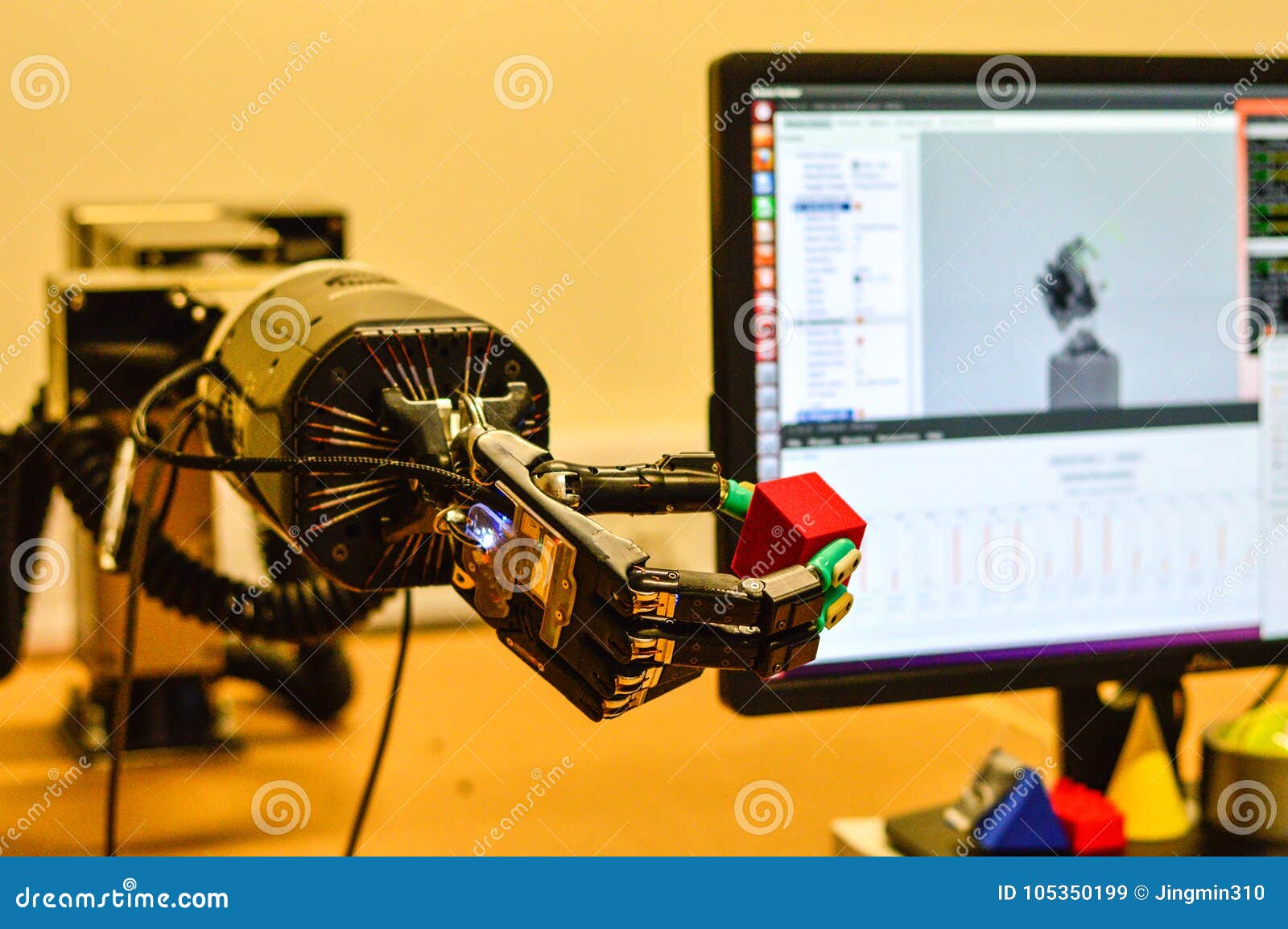 The Mechanical Arm Of The Robot Connects The Wires In The Server Room ...