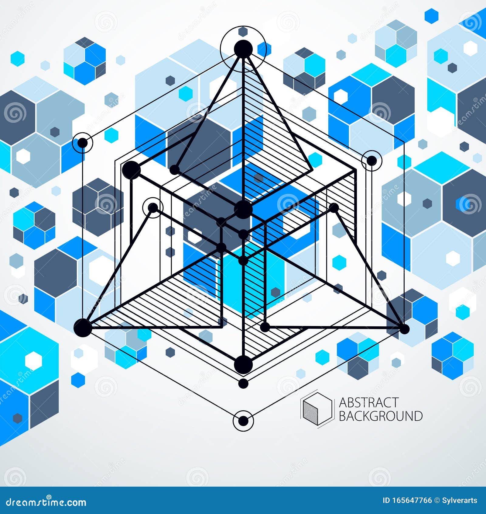 Mechanical Scheme, Blue Vector Engineering Drawing with 3D Cubes and ...