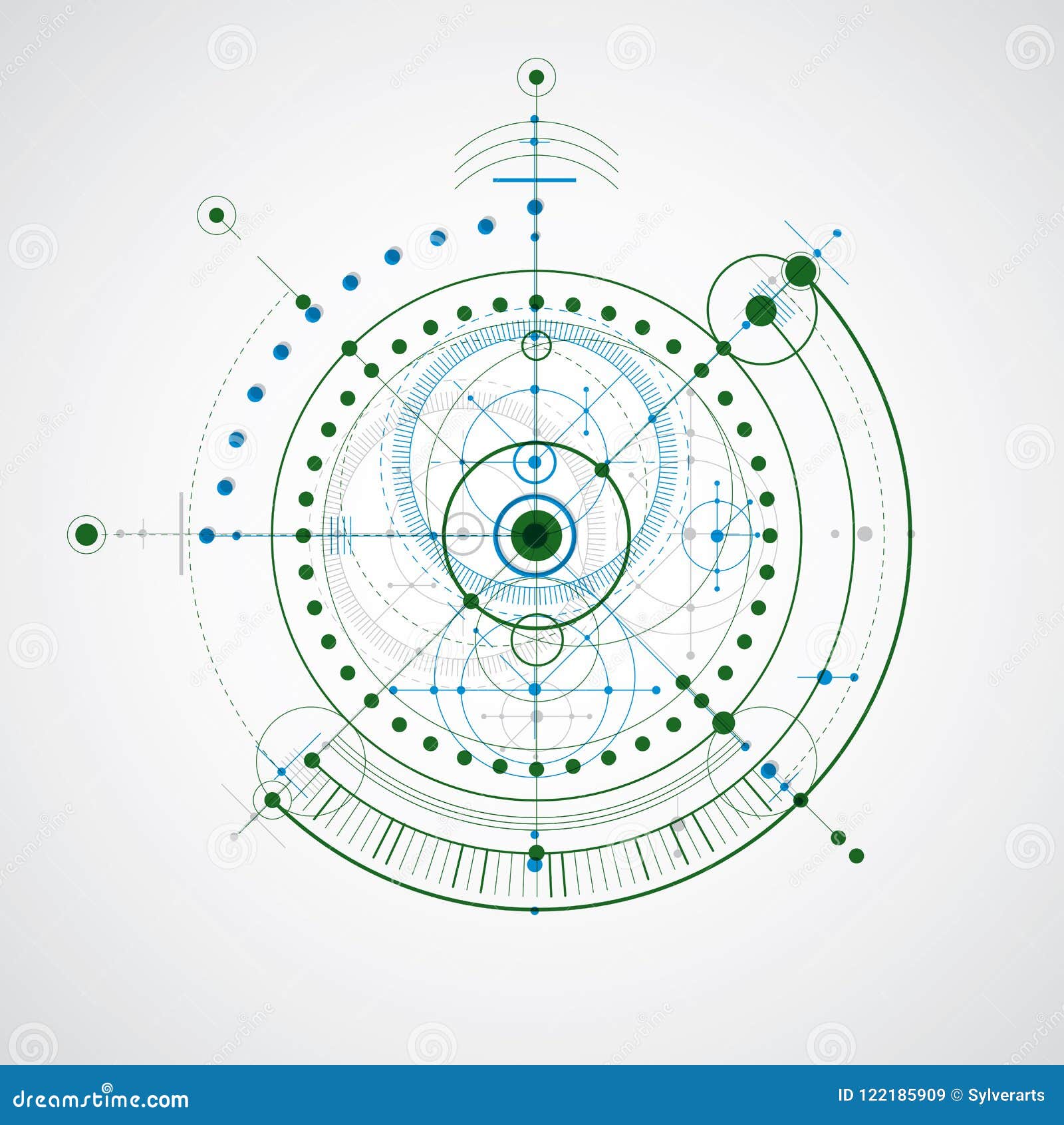 Mechanical Scheme, Colorful Vector Engineering Drawing with Circles and ...