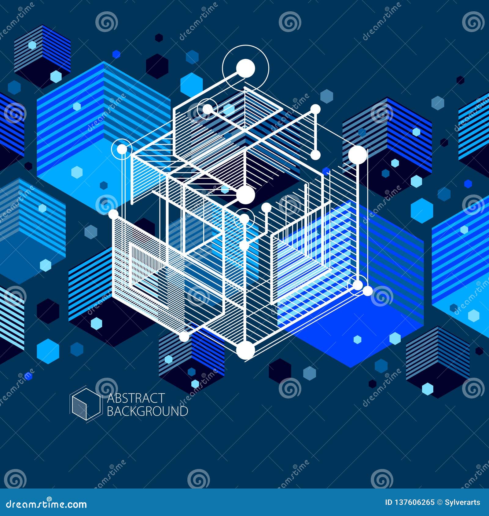 Mechanical Scheme, Dark Blue Vector Engineering Drawing with 3D Cubes ...