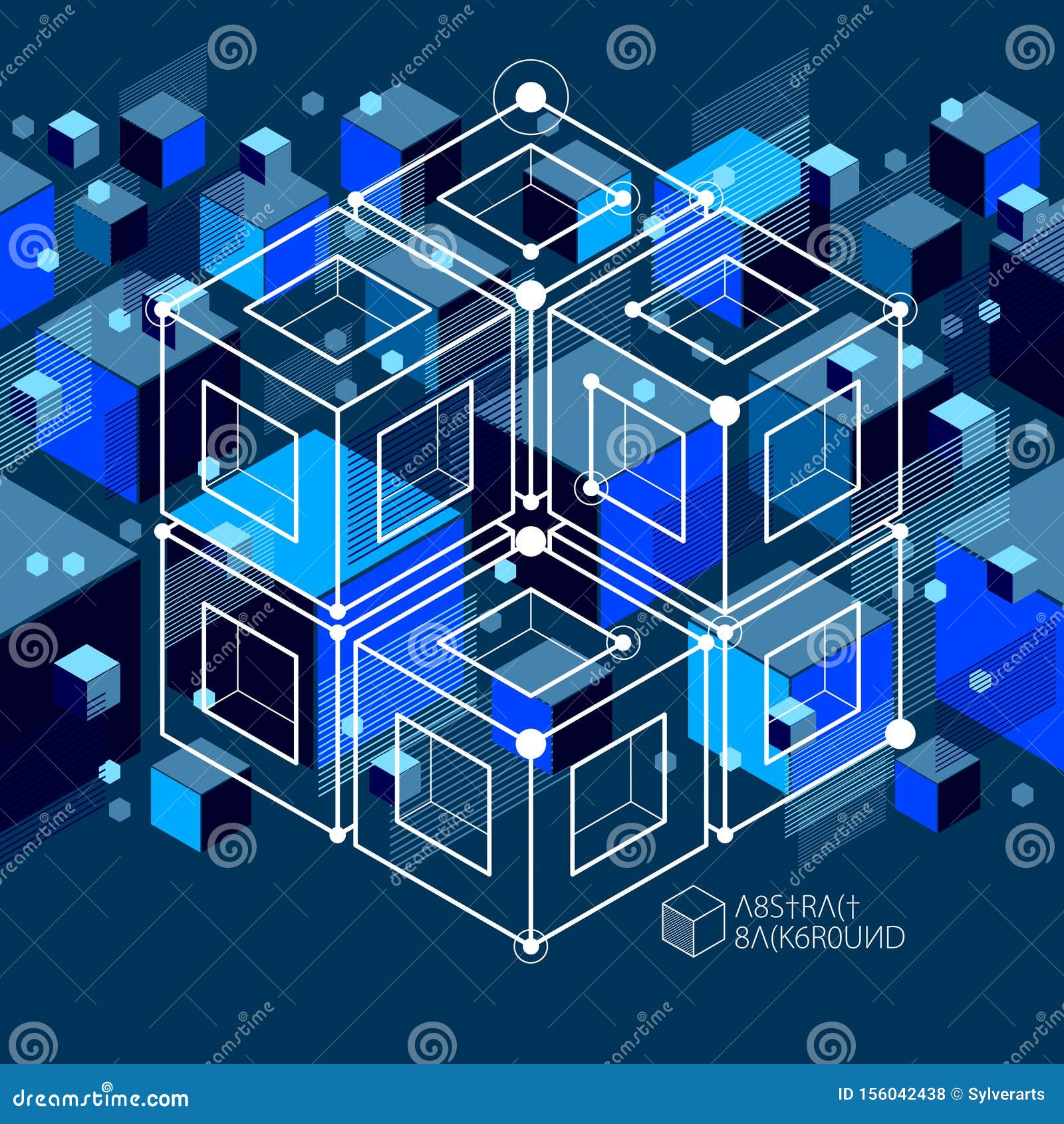 Mechanical Scheme, Dark Blue Vector Engineering Drawing with 3D Cubes ...