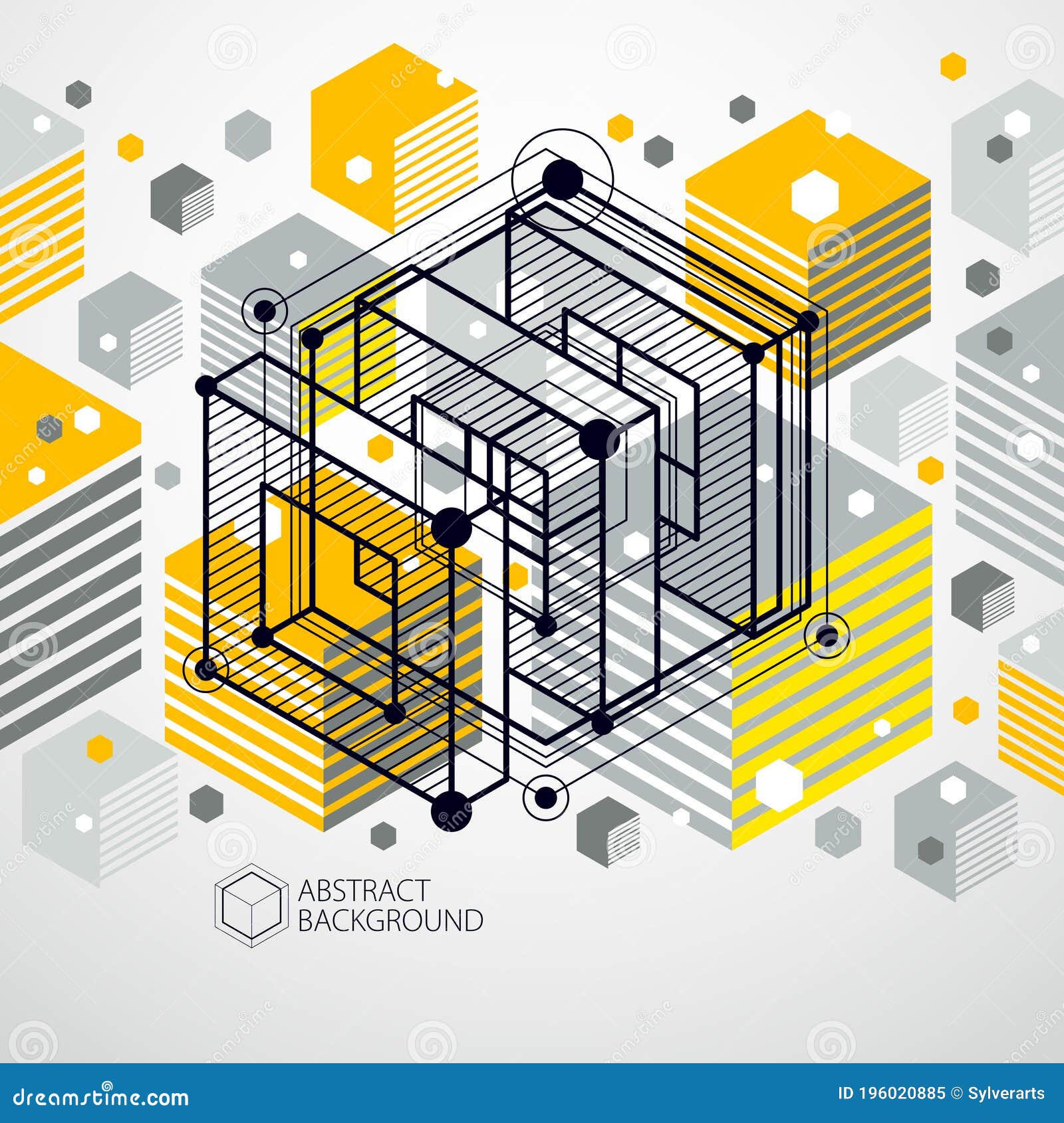 Mechanical Scheme, Yellow Vector Engineering Drawing with 3D Cubes and ...