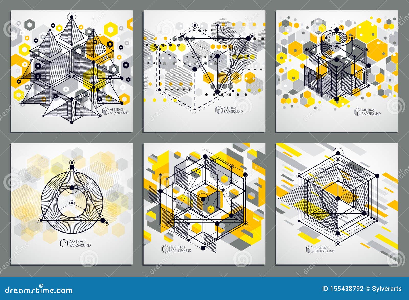 Mechanical Scheme, Yellow Vector Engineering Drawings Set with 3D Cubes ...