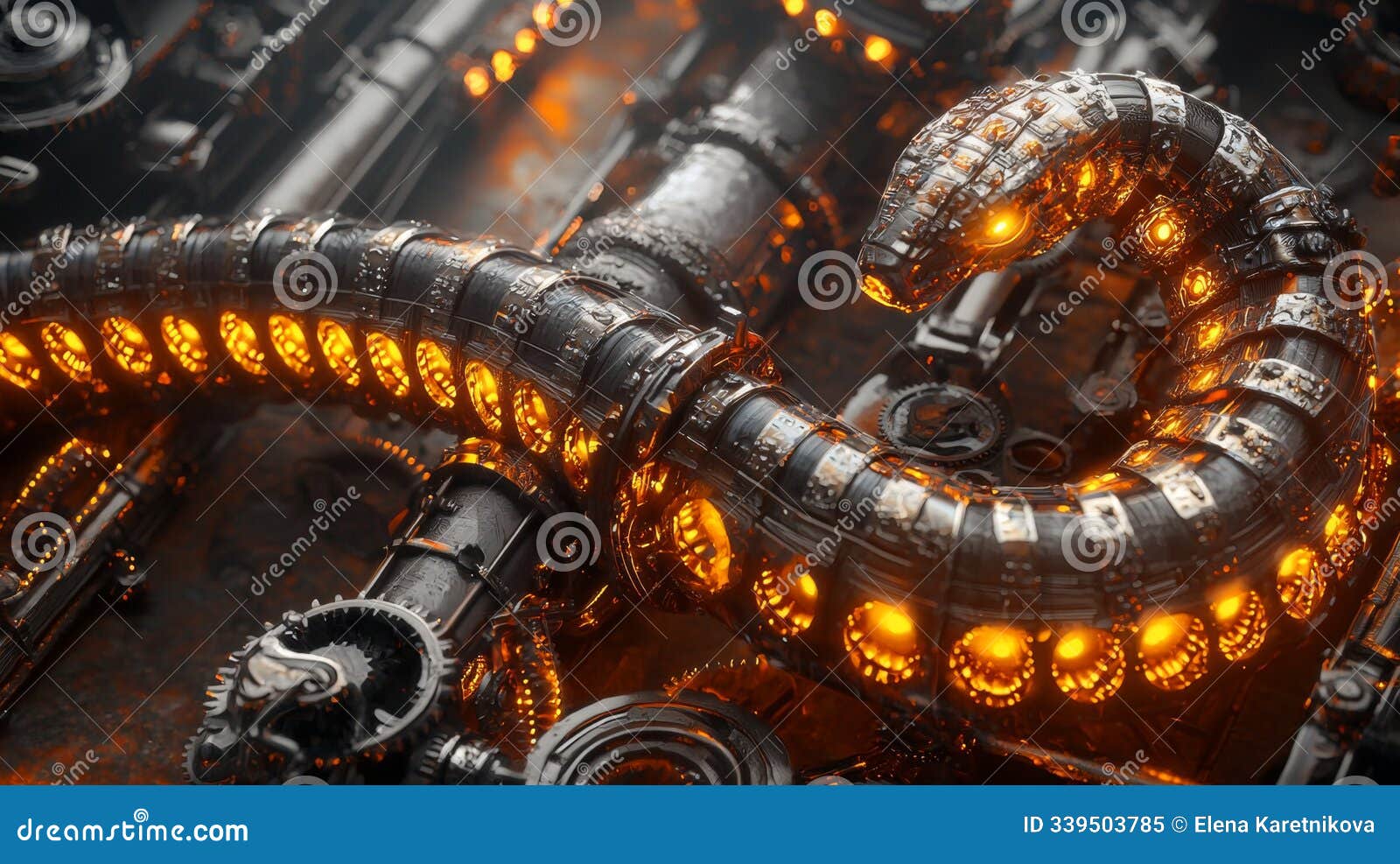 Mechanical Snake is Lying on the Ground, Illuminated by Warm Lights ...