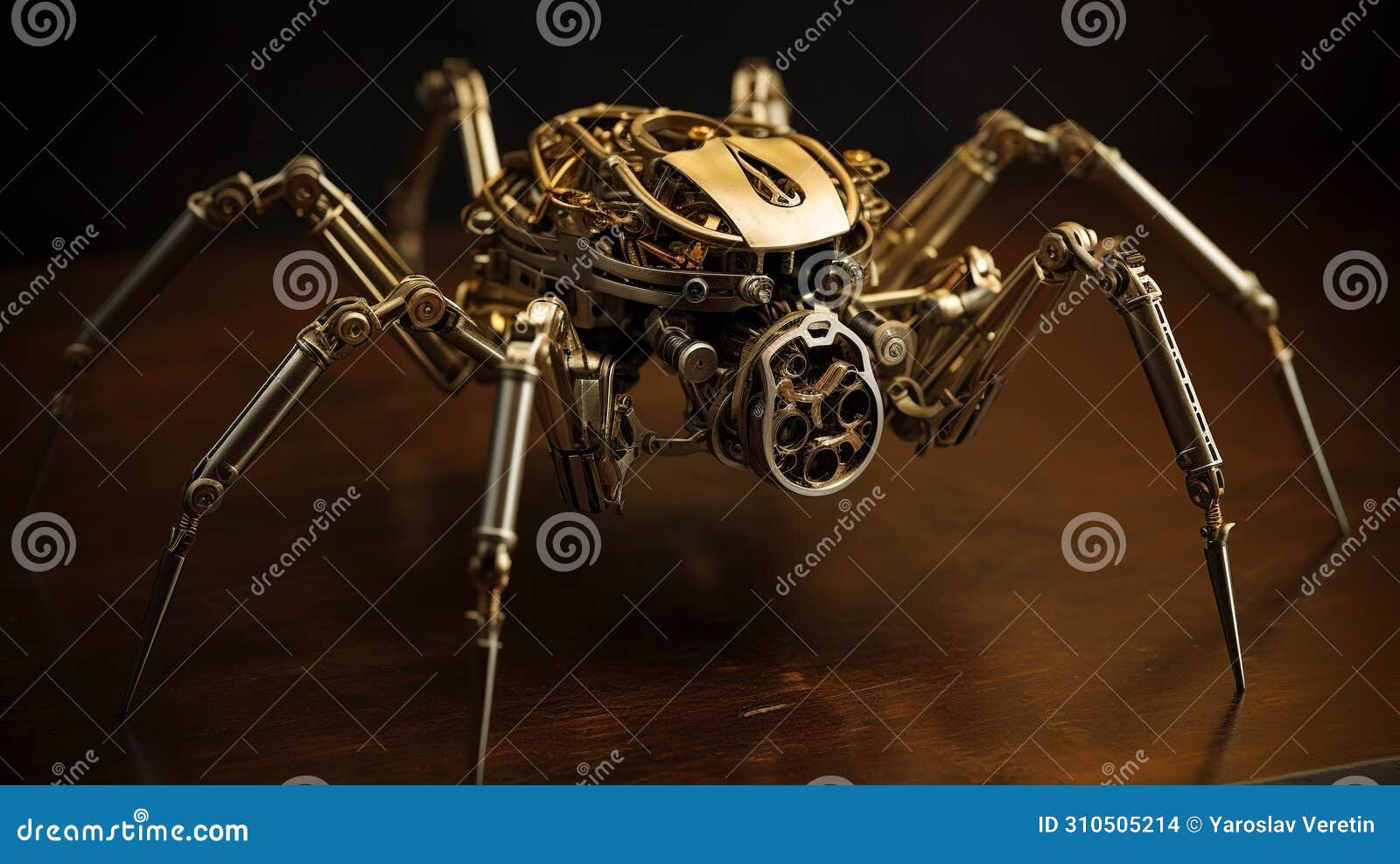 A Mechanical Spider, in Gold and Black, Sits on a Table Stock Photo ...