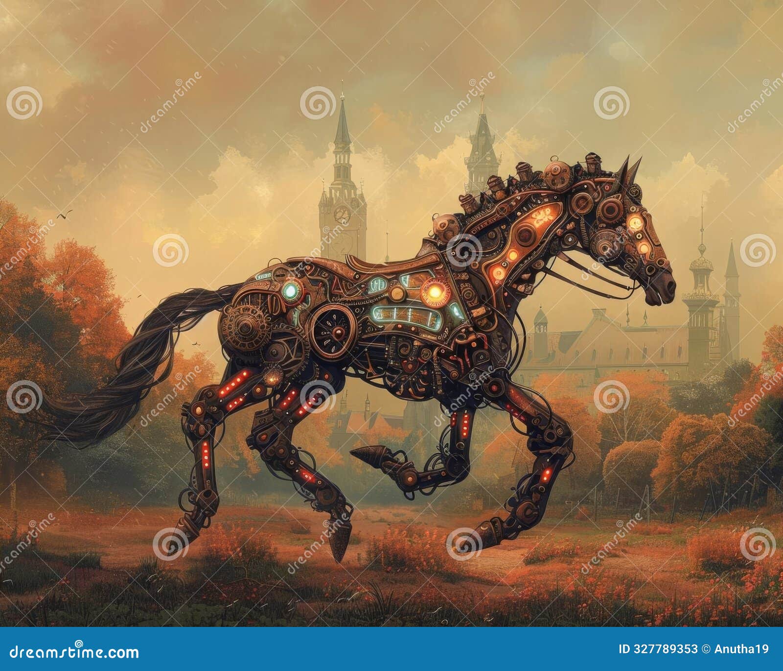 Mechanical Steed Galloping in Steampunk Setting Stock Illustration ...