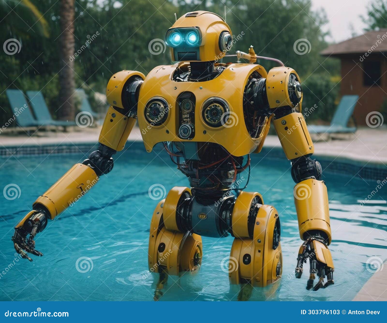 Mechanical Waterproof Robot in Pool. Modern Cybernetic Machine with ...