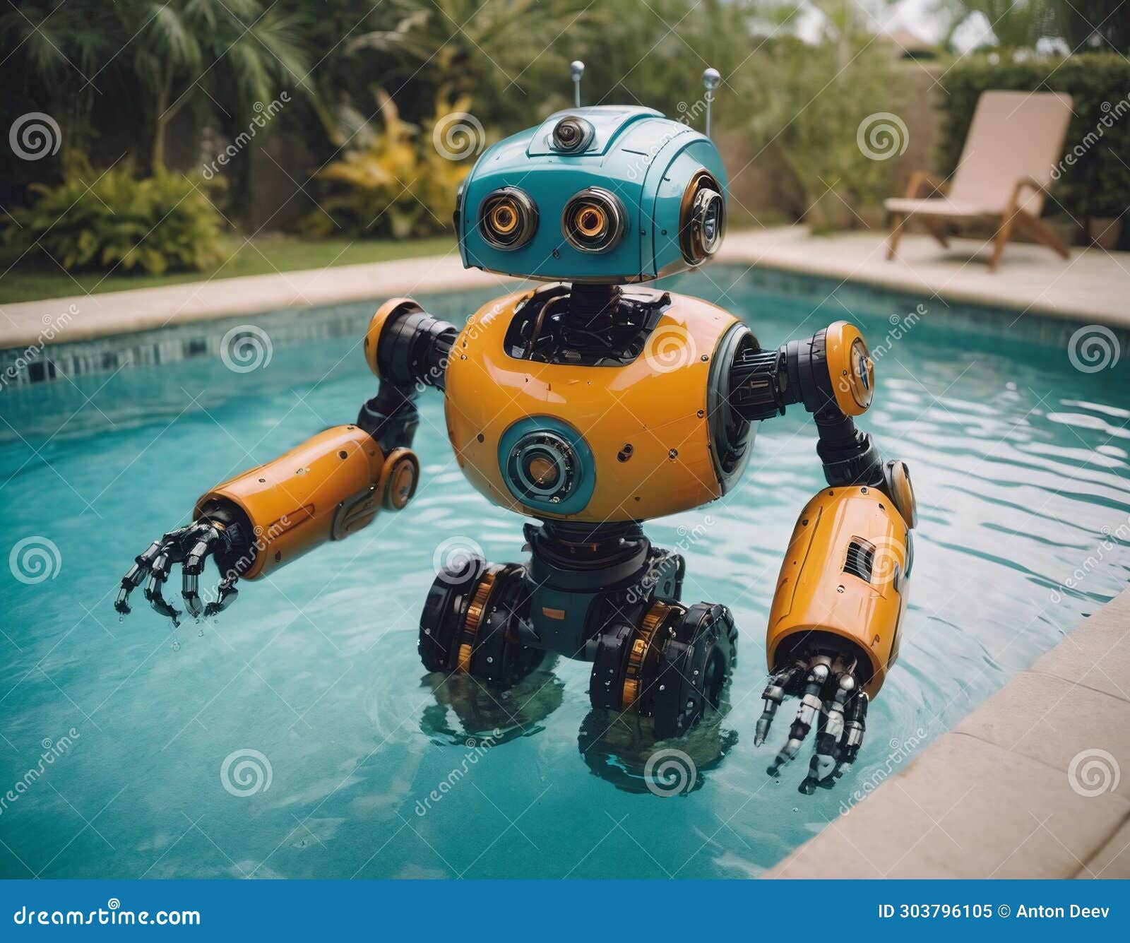 Mechanical Waterproof Robot in Pool. Modern Cybernetic Machine with ...