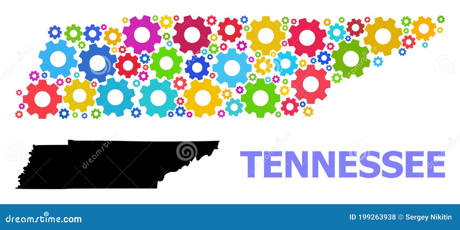 Mechanics Collage Map of Tennessee State with Colored Gear Wheels Stock ...