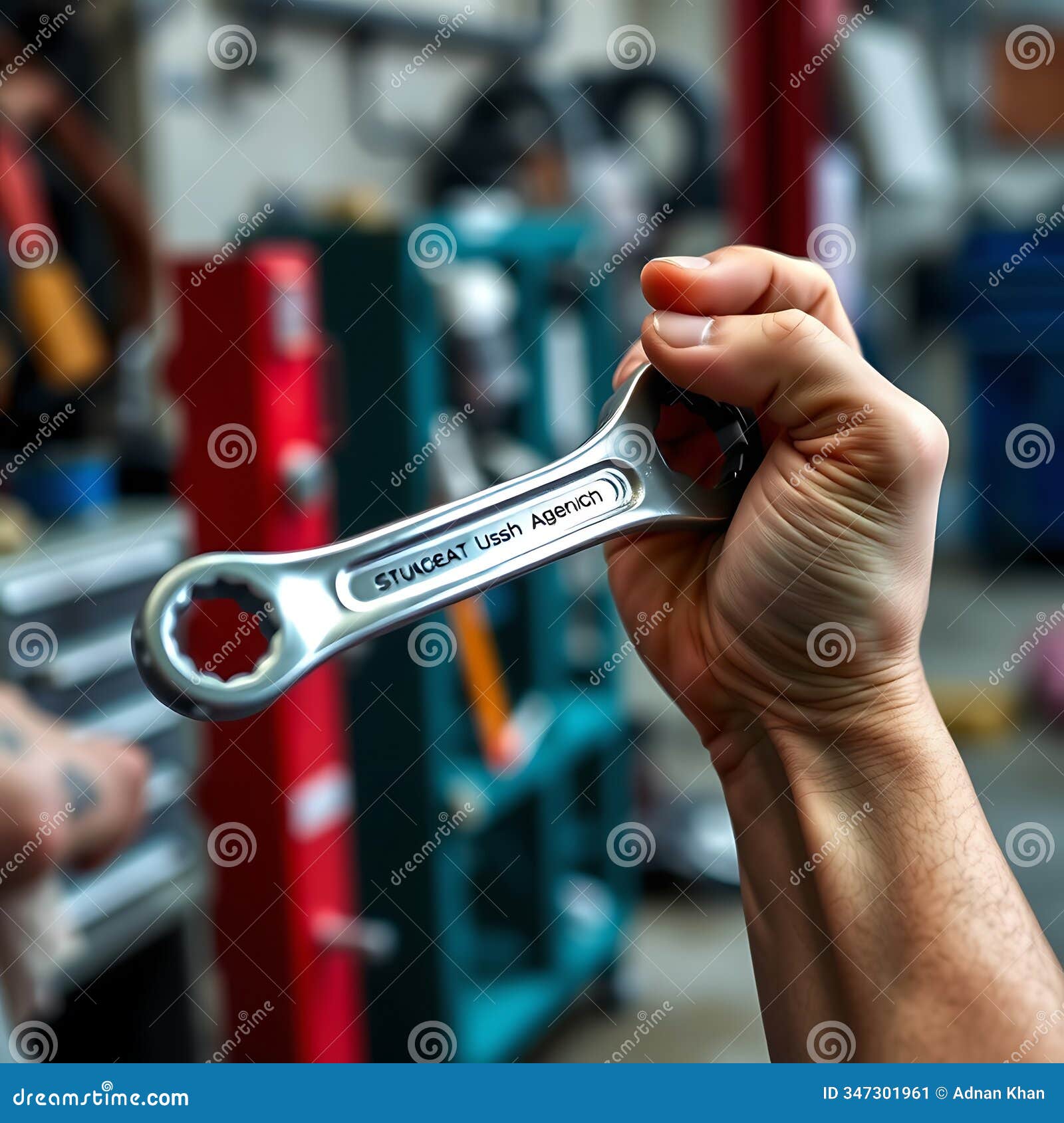 A Mechanics Hand Holding a Shiny Adjustable Wrench in Focus with ...
