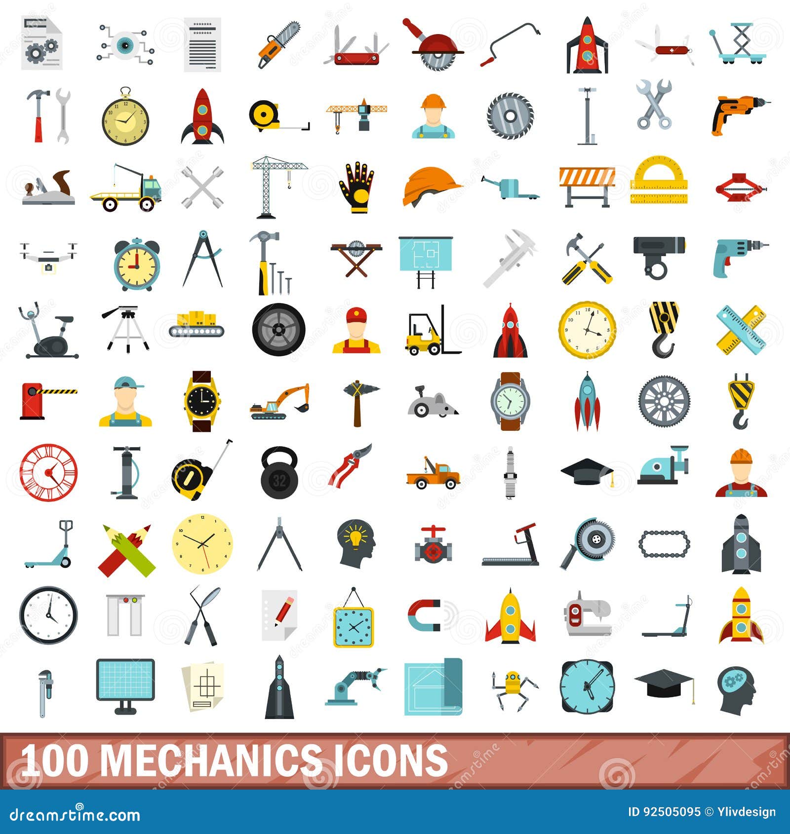 100 Mechanics Icons Set, Flat Style Stock Vector - Illustration of ...