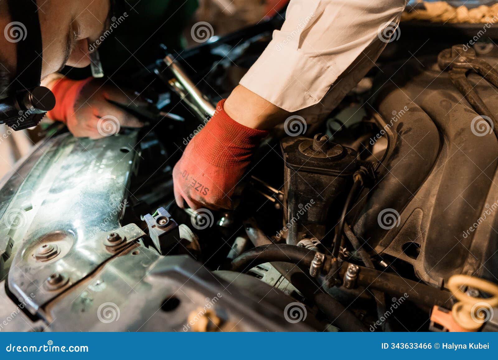 Mechanics Performing Car Engine Repair at Night Stock Photo - Image of ...