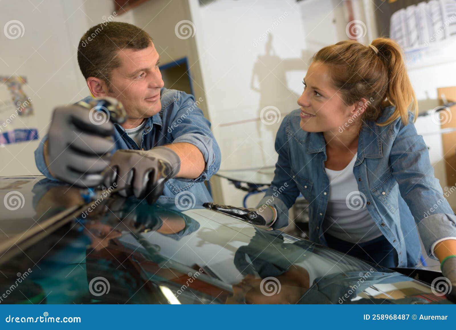 Mechanics Replacing Windscreen in Auto Repair Shop Stock Image - Image ...
