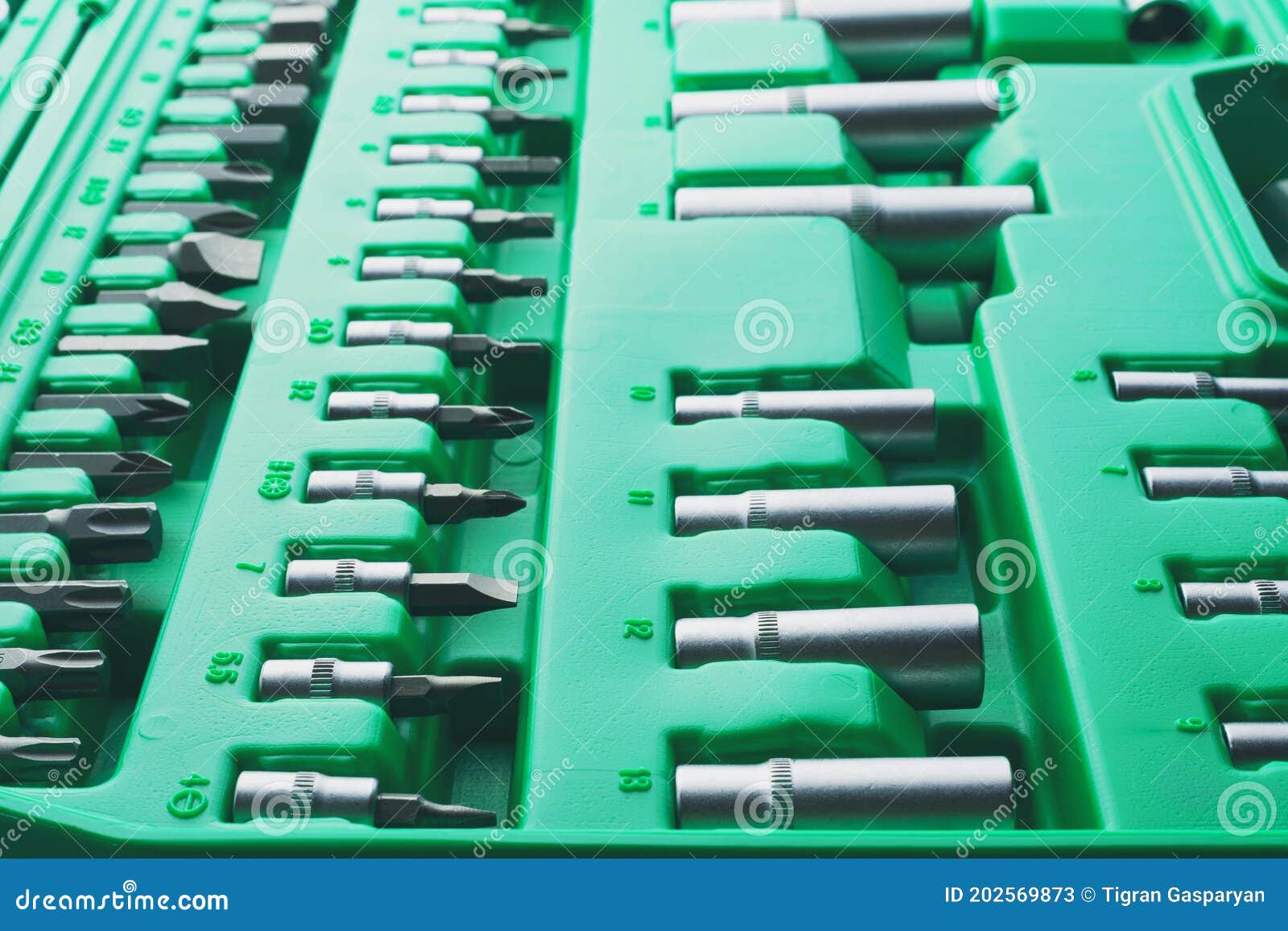 Mechanics Tool Set and Mechanic`s Tool Box Close-up. Plastic Green ...