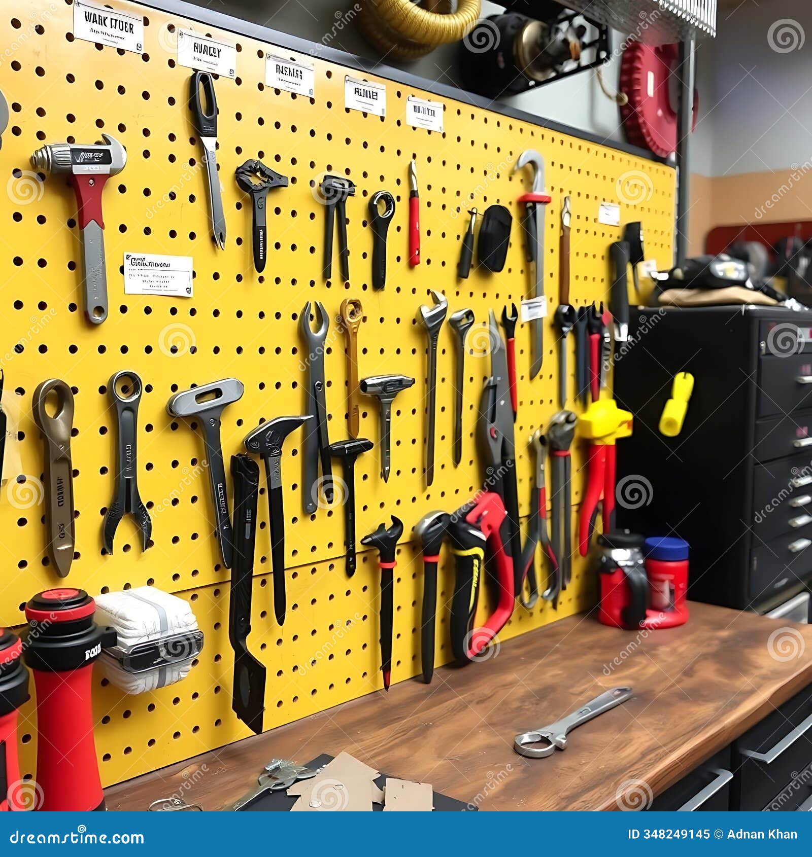 A Mechanics Workspace Featuring Organized Hand Tools Mounted on a ...