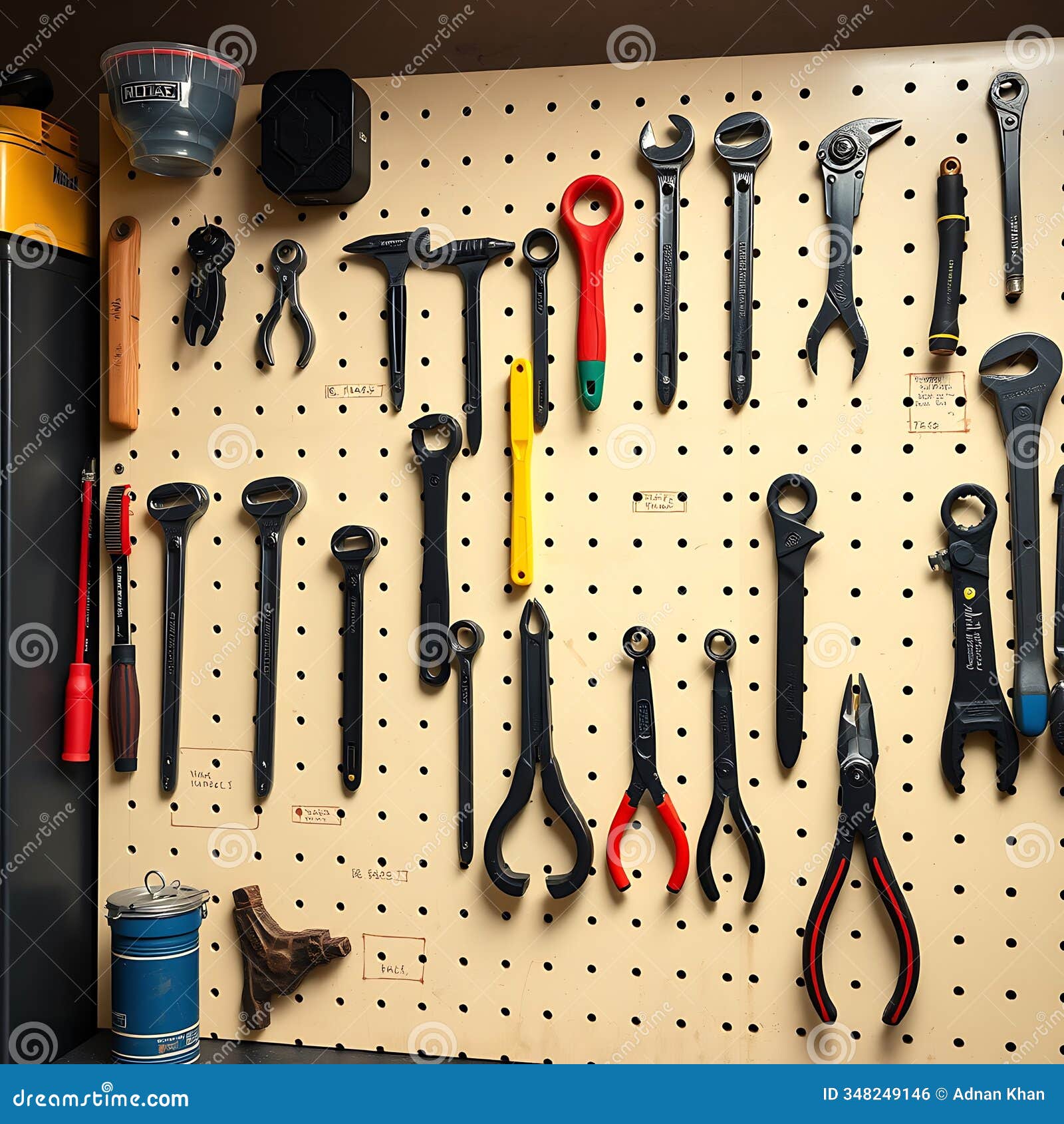 A Mechanics Workspace Featuring Organized Hand Tools Mounted on a ...