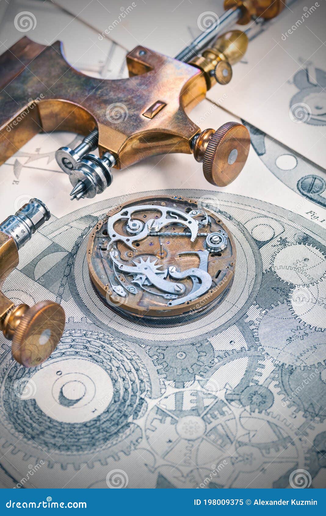 The Mechanism of an Old Clock and an Old Tool Lie on an Engraving of a ...