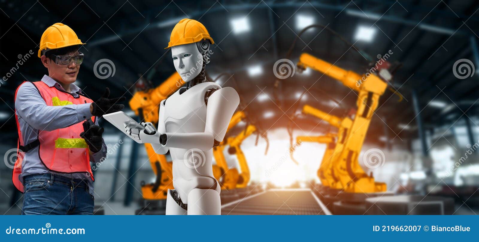 Mechanized Industry Robot and Human Worker Working Together in Future ...