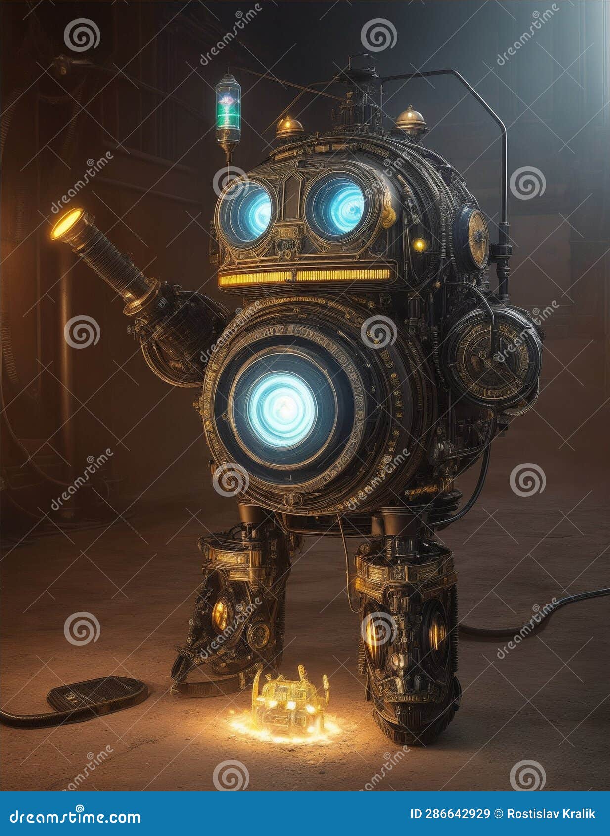 Mechtorian rusty retrobot stock illustration. Illustration of lighting - 286642929