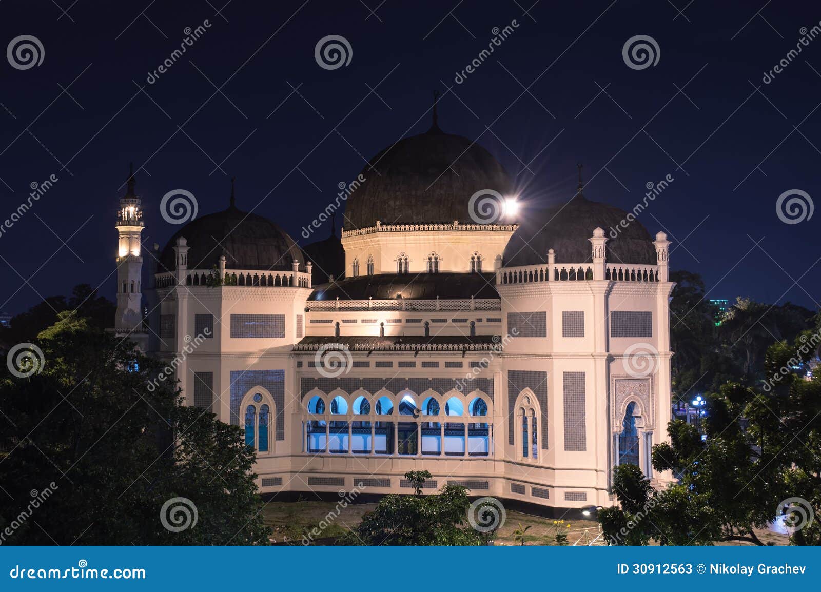 Medan S Great Mosque at Night. Stock Image - Image of island, north ...