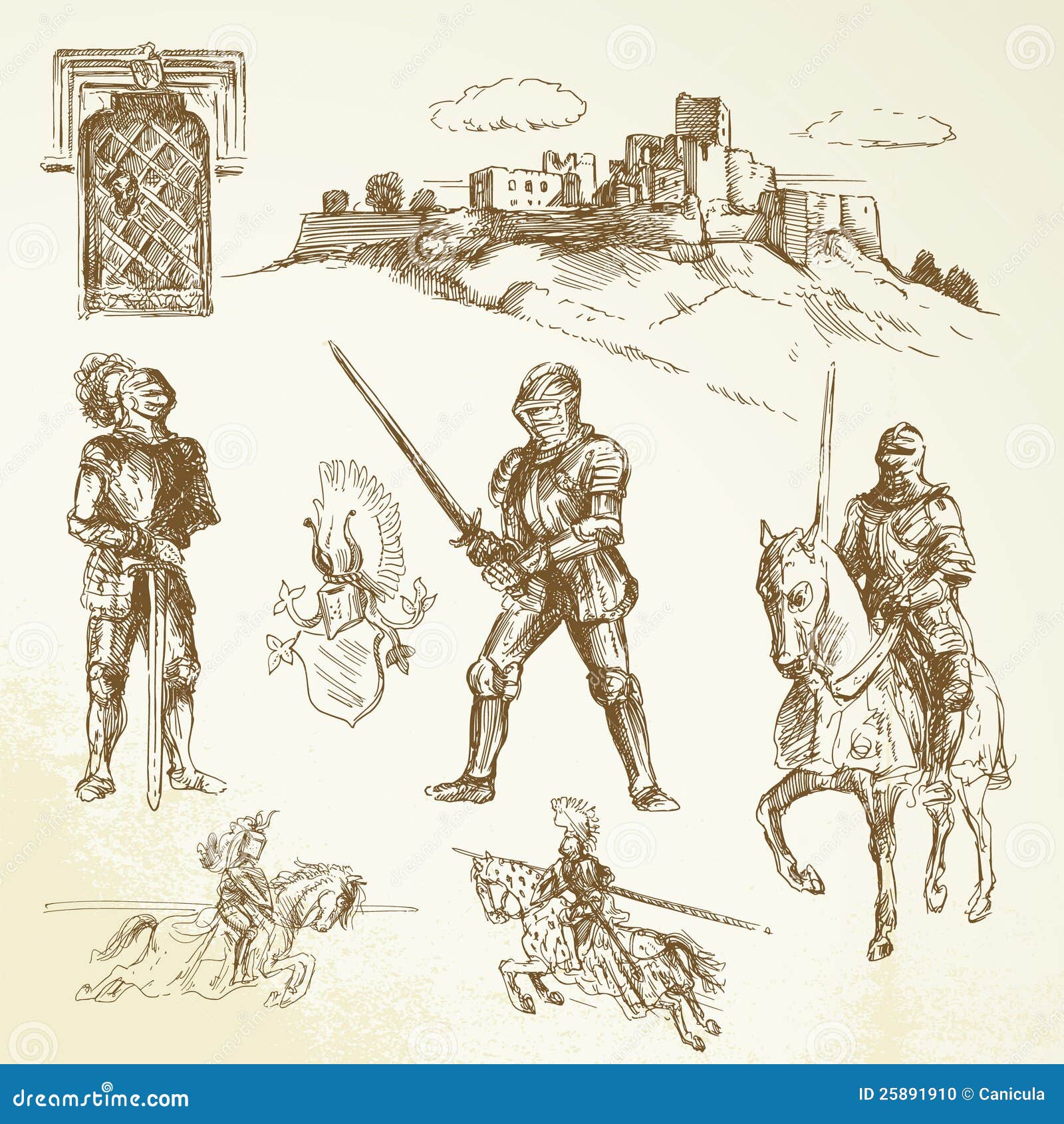 Medeltida riddare vektor illustrationer. Illustration av tecknad - 25891910