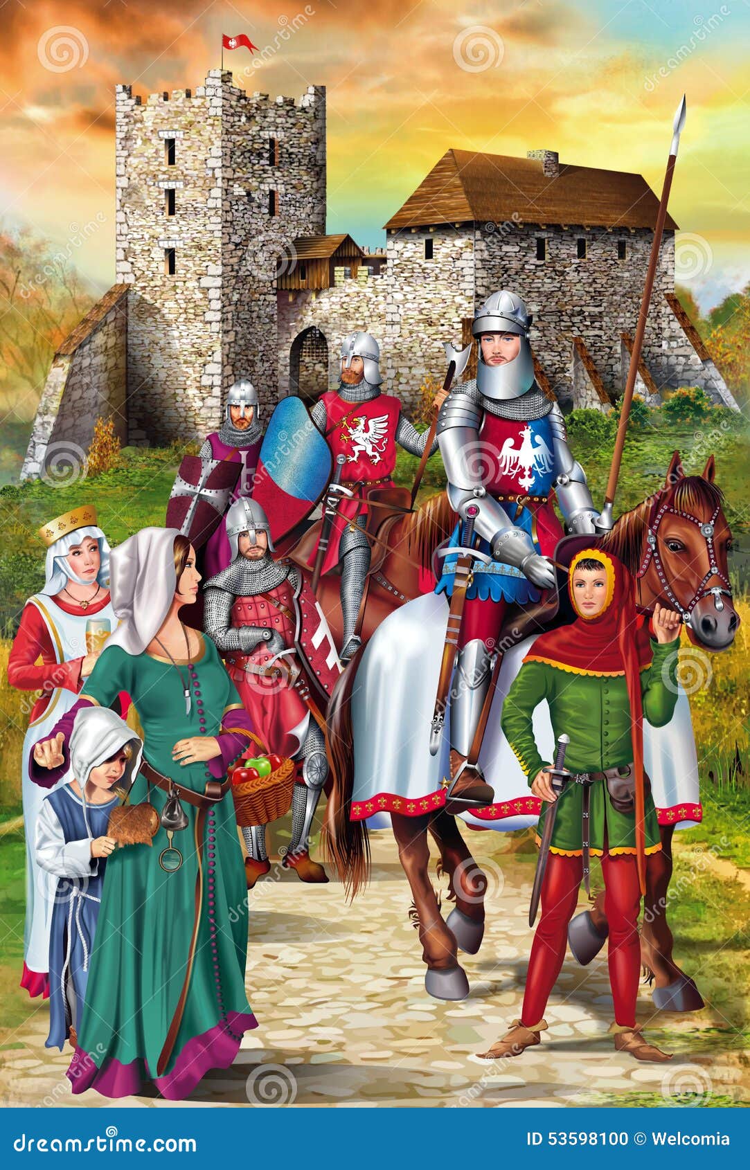 Medeltida Riddareillustration Stock Illustrationer - Illustration av ...