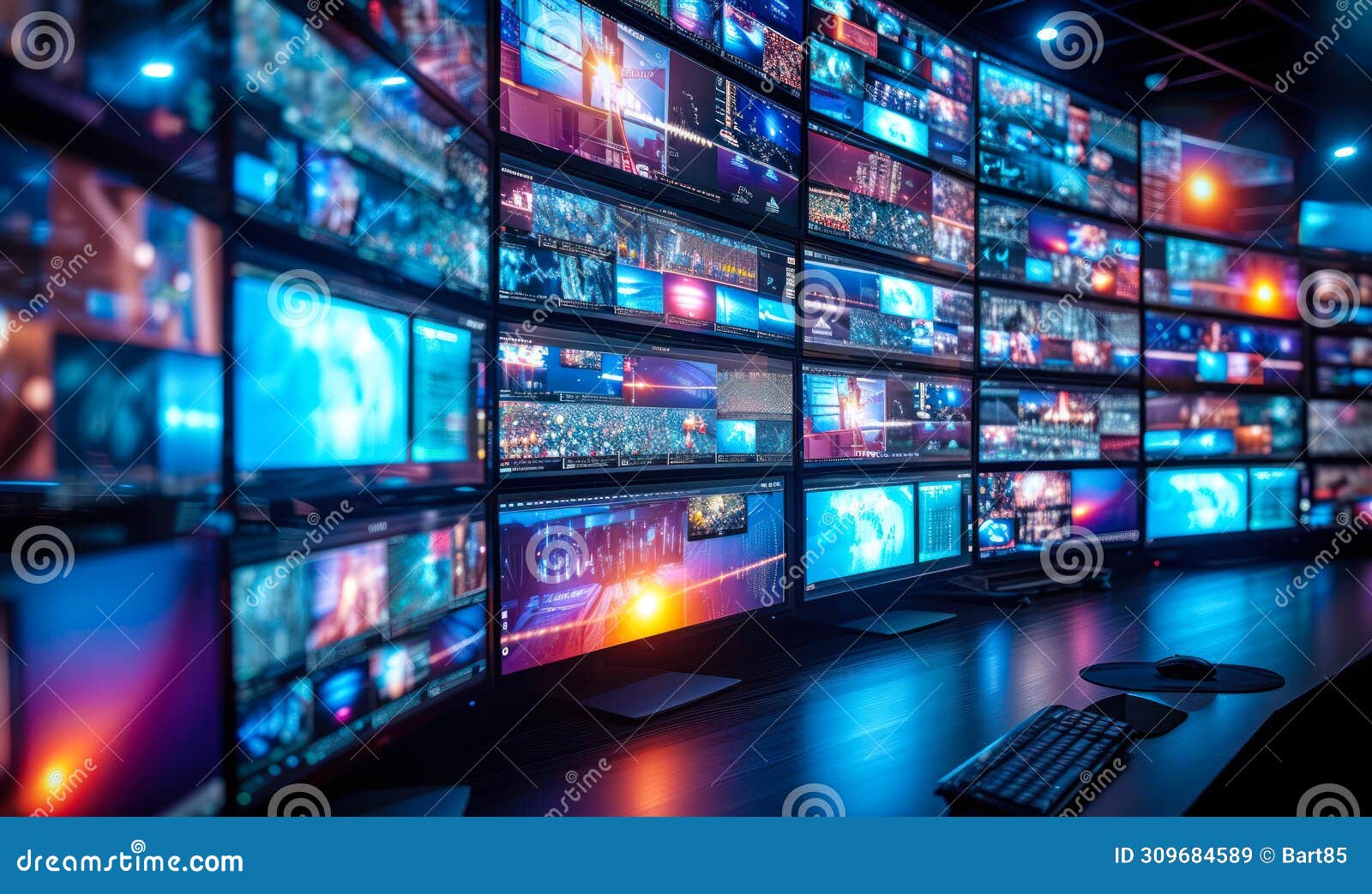Media Broadcast Control Room with Multiple Screens Displaying Various ...