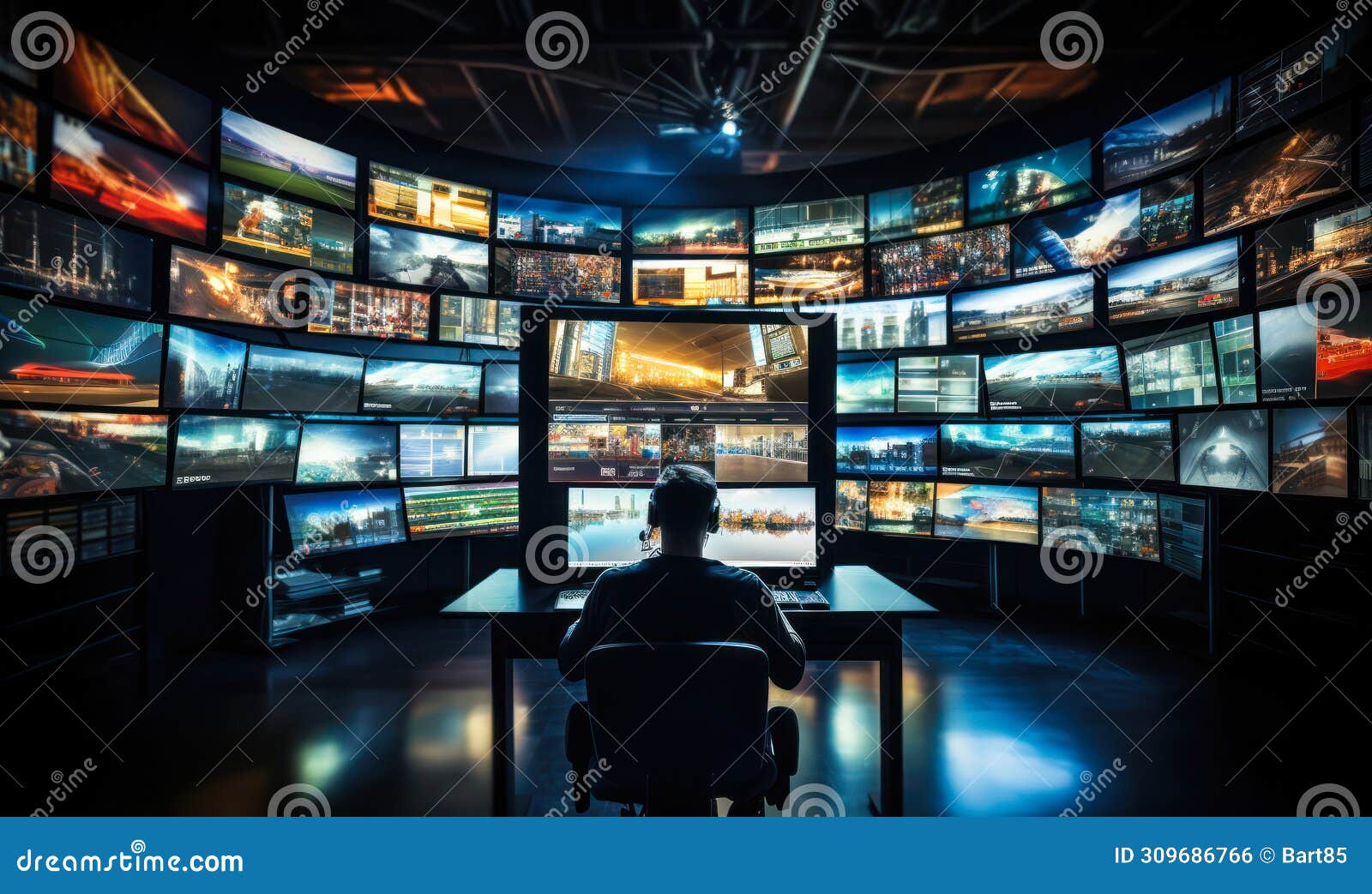 Media Broadcast Control Room With Multiple Screens Displaying Various ...