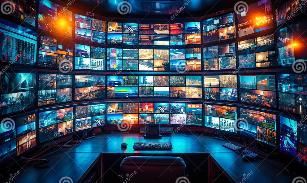 Media Broadcast Control Room with Multiple Screens Displaying Various ...