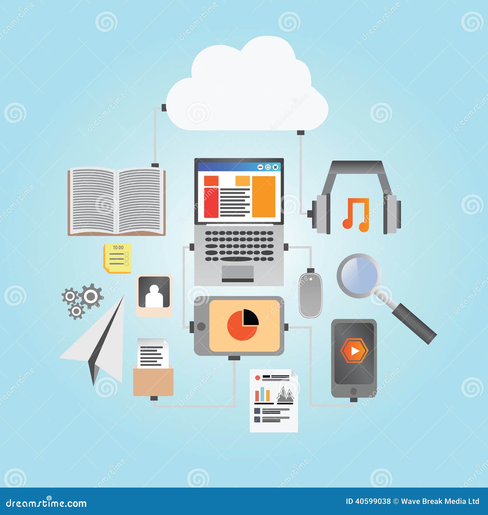 Media devices with cloud stock illustration. Illustration of laptop ...