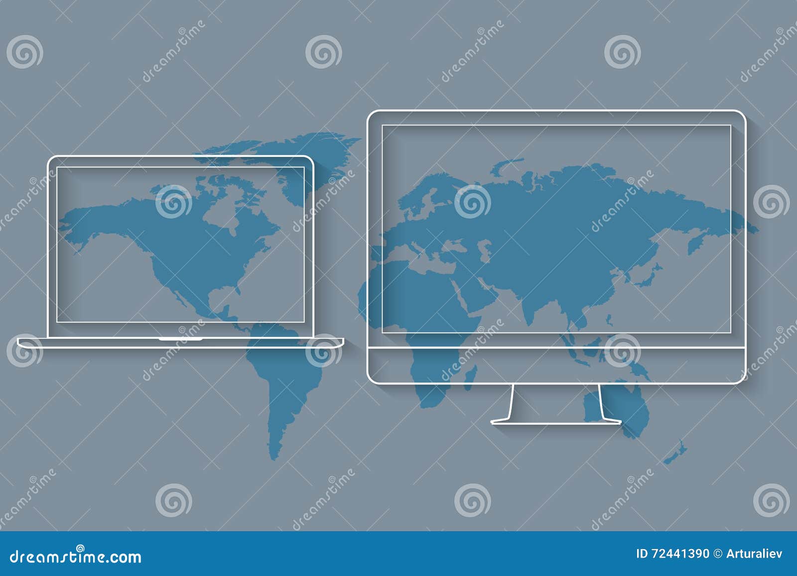 Media Devices Like Desktop Computer and Laptop on Map of World Stock ...