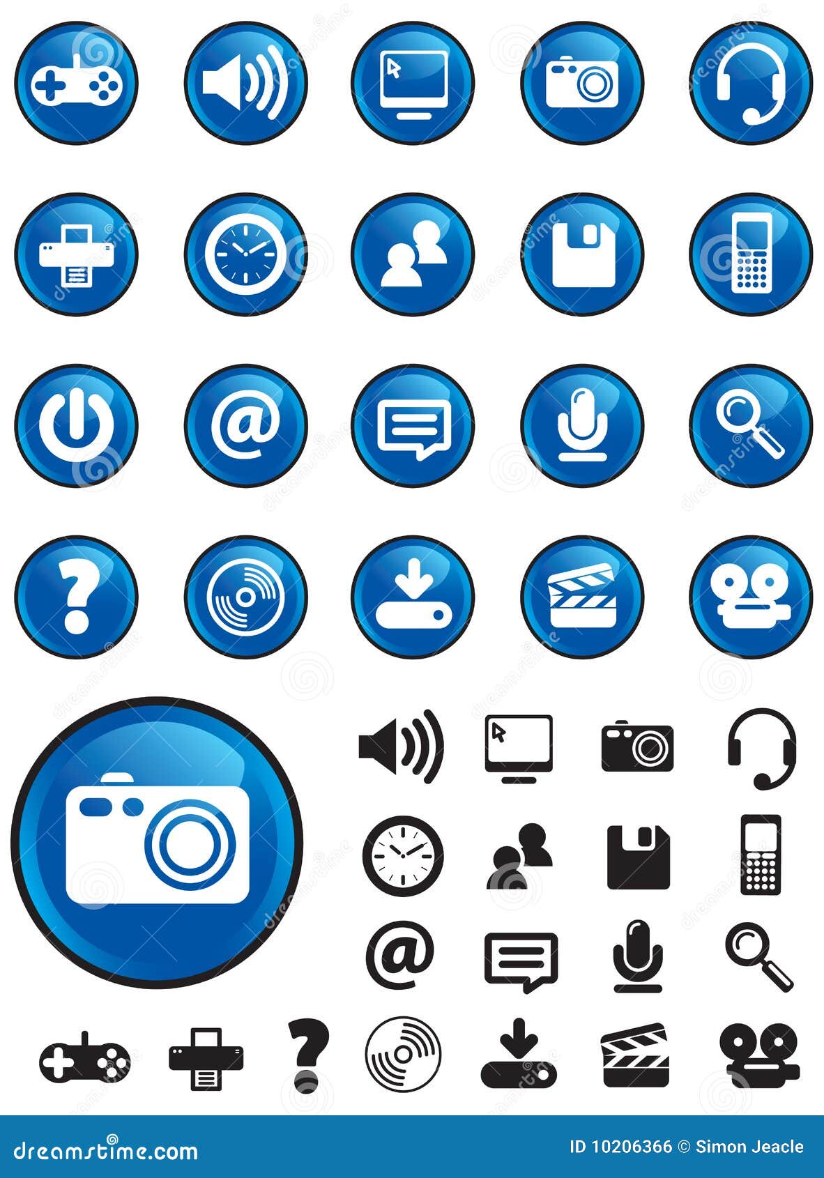 Media Icons on Blue Buttons Stock Vector - Illustration of printer ...