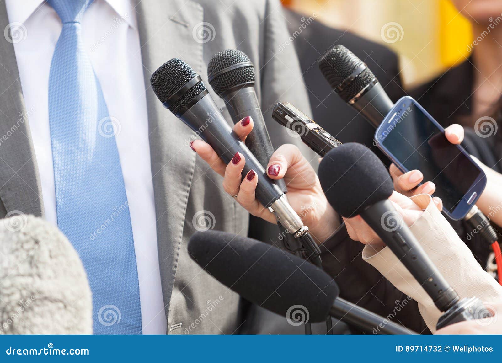 Media Interview. Press Conference. Stock Photo - Image of microphone ...