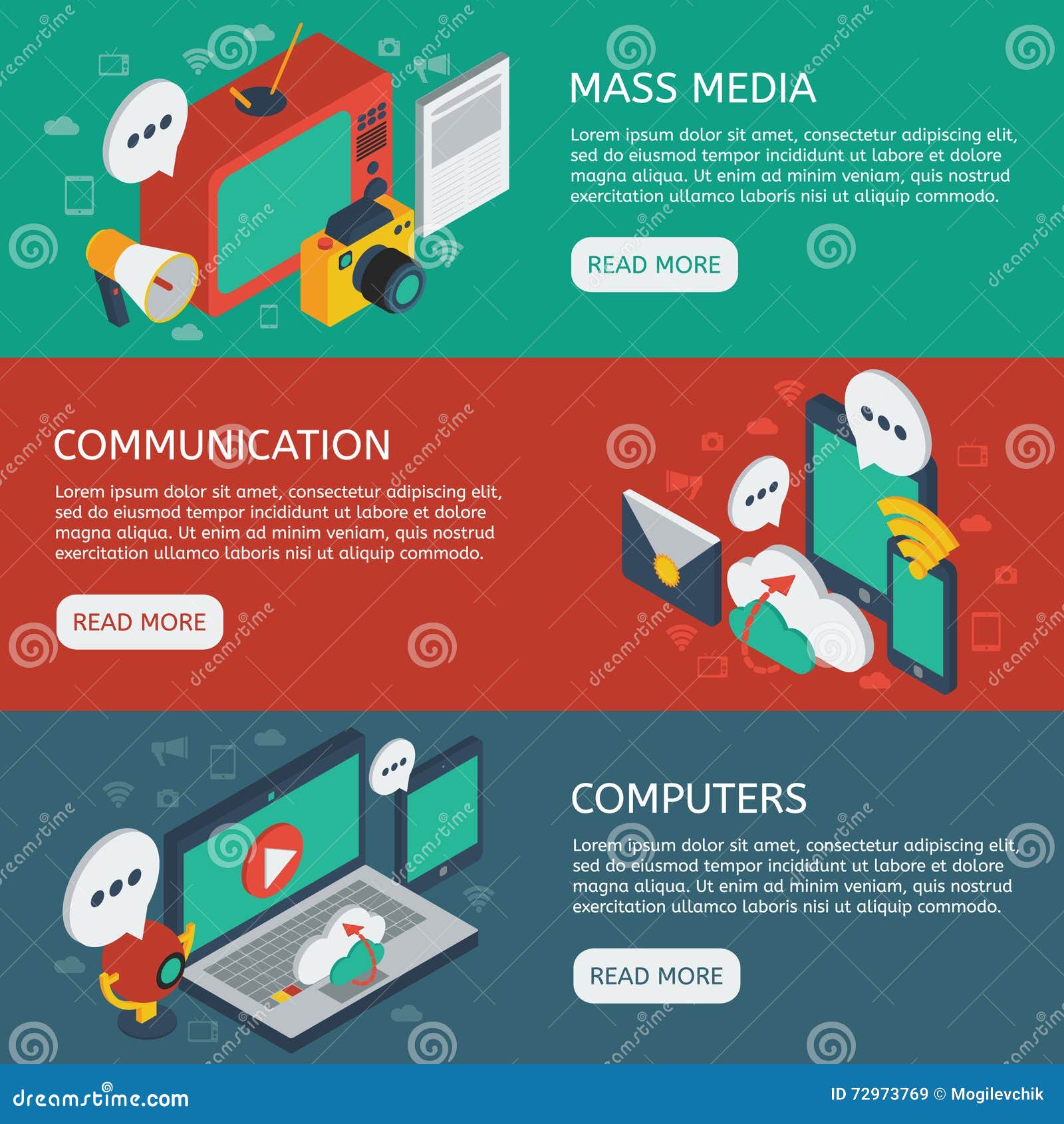 Media Isometric Horizontal Banners Set Stock Vector - Illustration of ...