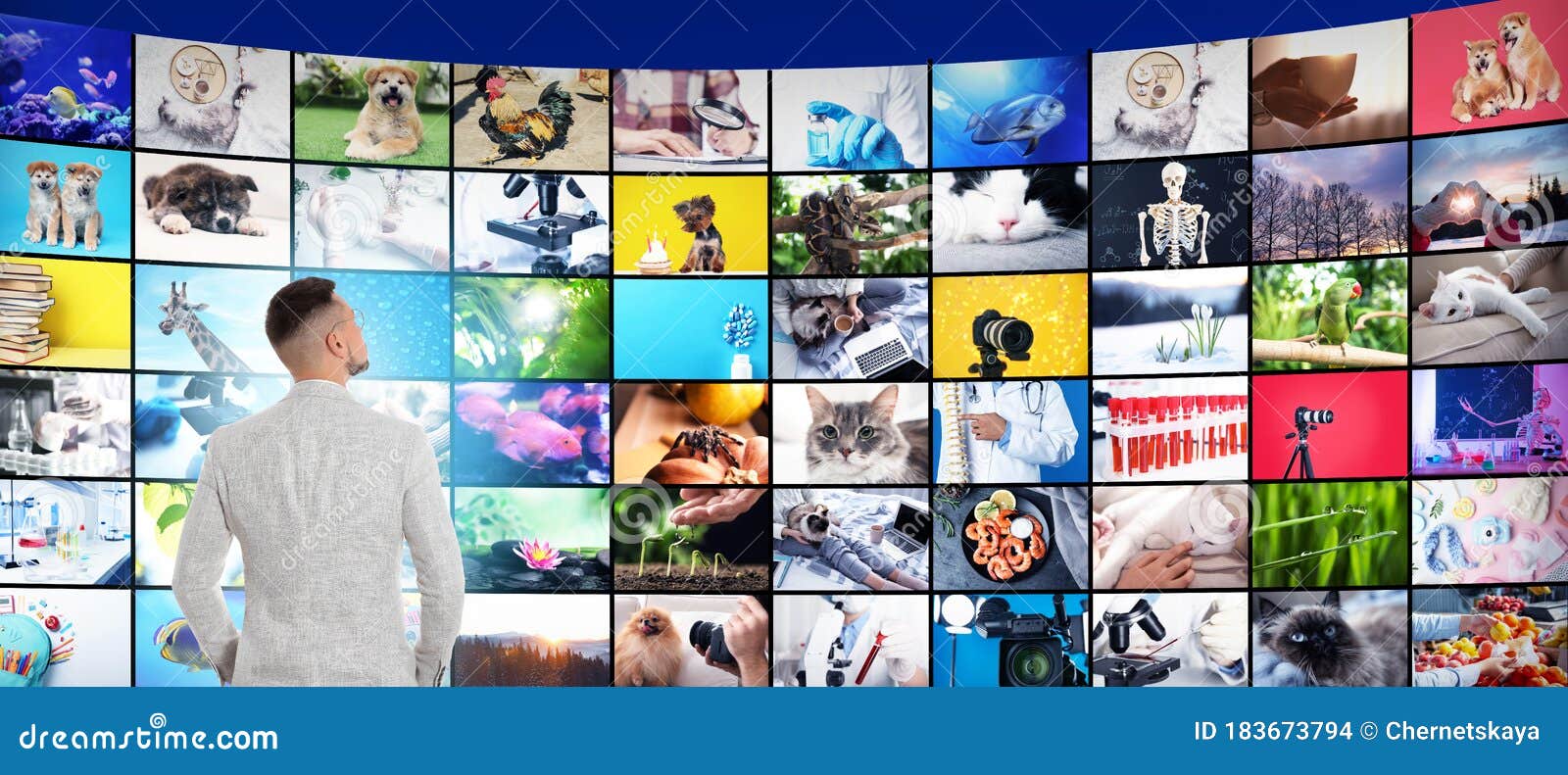 Media Library. Man Using Virtual Video Gallery, Banner Design Stock ...