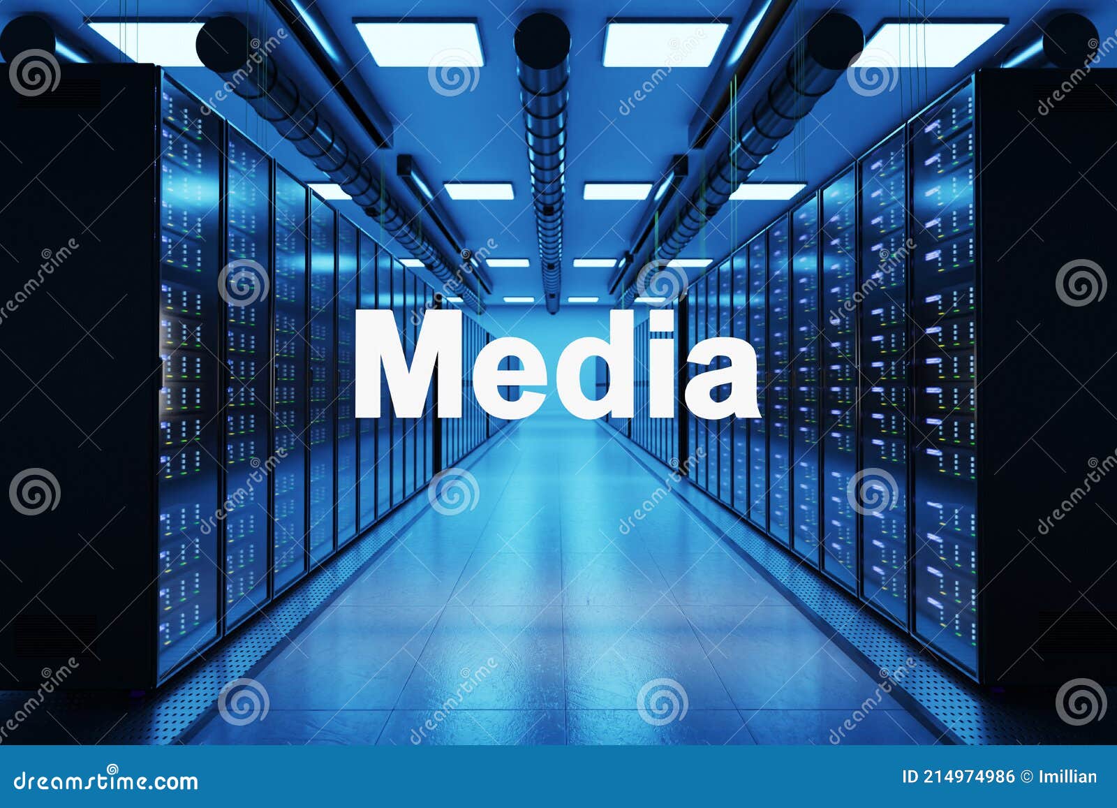 Media Logo in Large Modern Data Center with Multiple Rows of Network ...