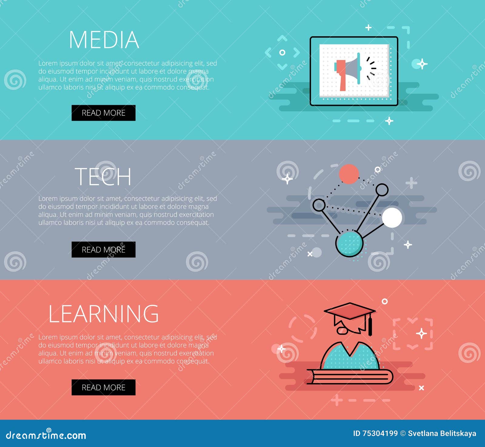 Media. Tech. Learning. Vector Banners Set Stock Illustration ...